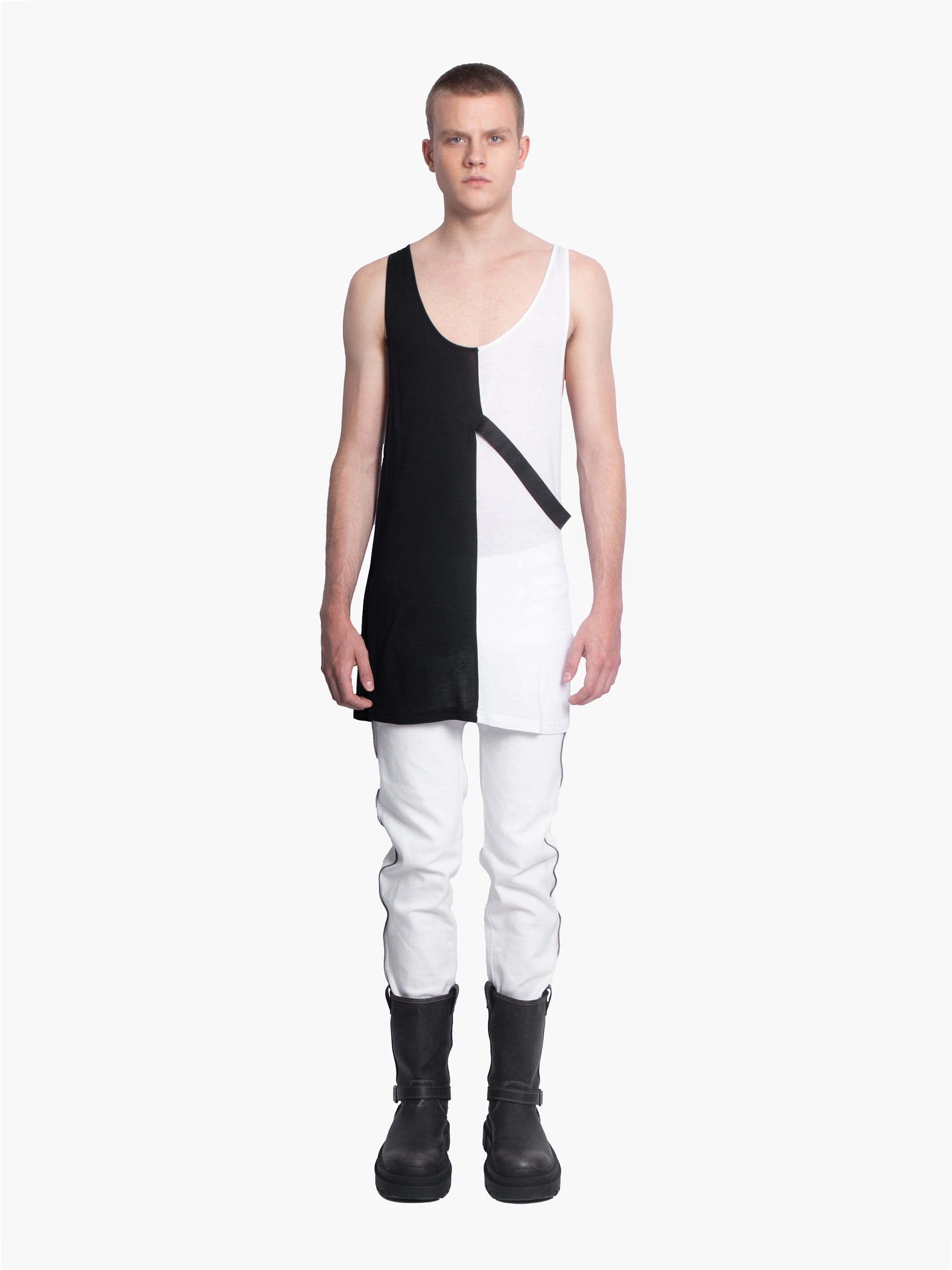 Black and White Vest Top with Black Strap | UNCONDITIONAL