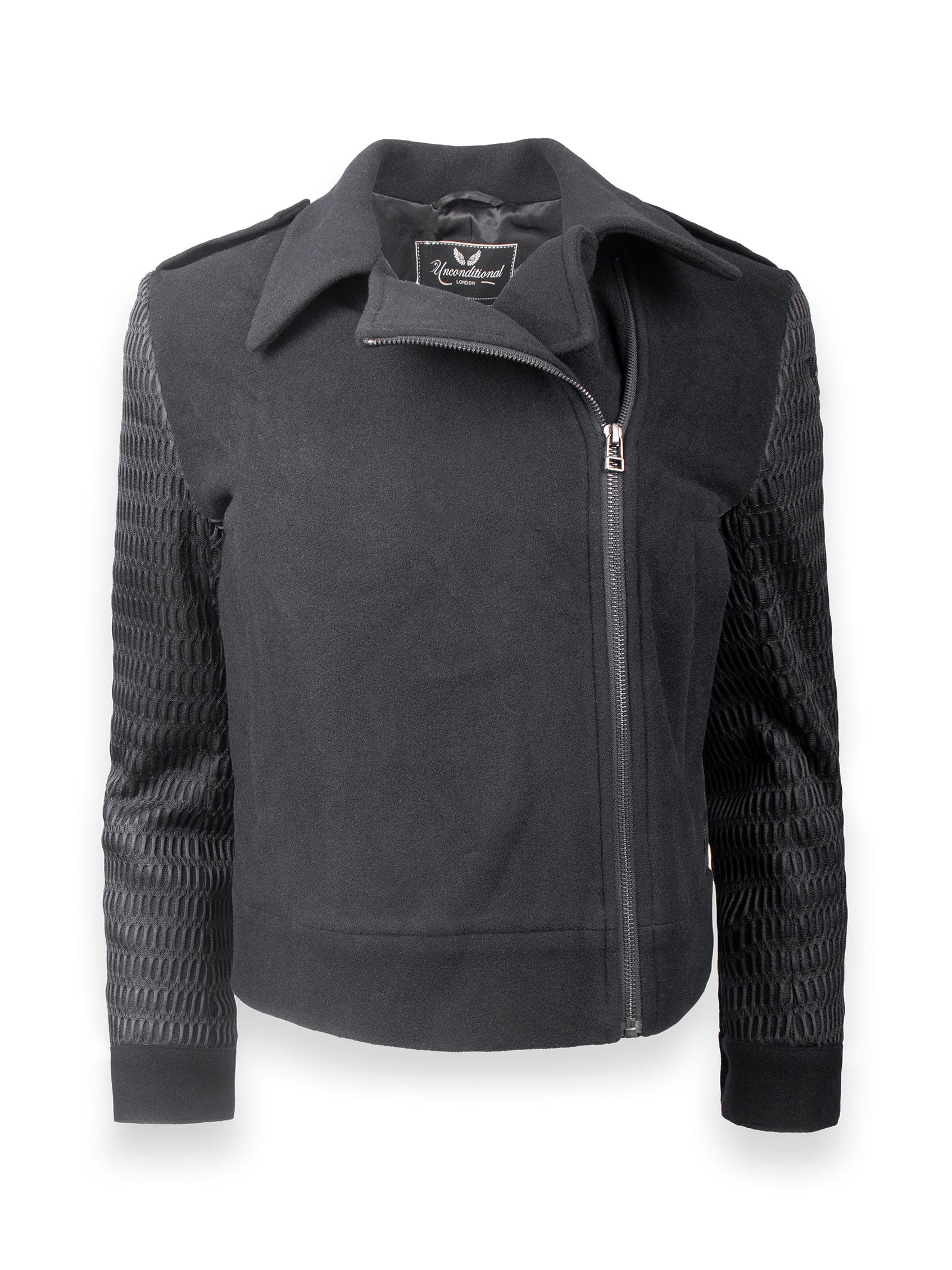Black Woolen Biker Jacket With Textured Pattern Sleeves | UNCONDITIONAL