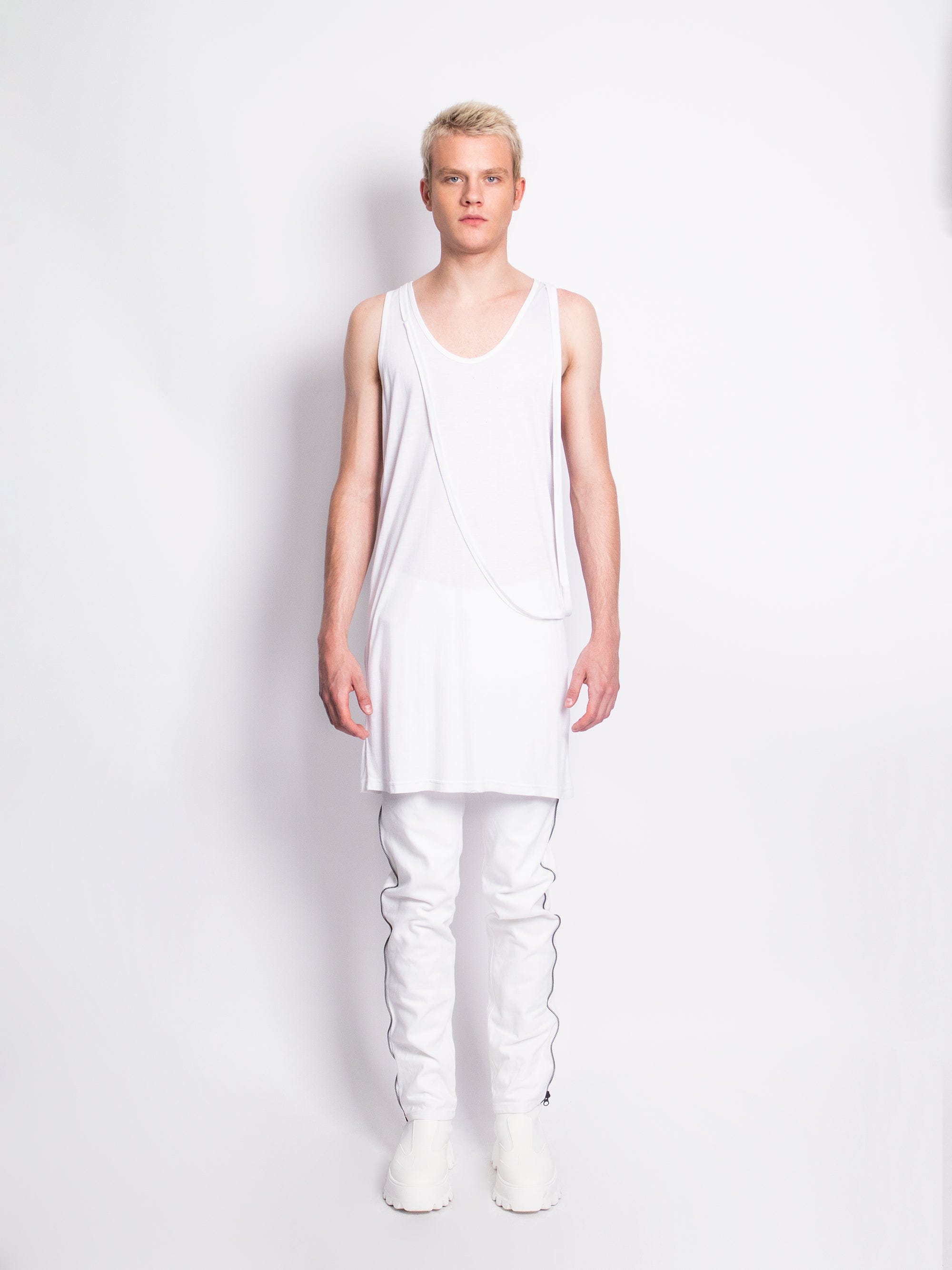 White Swoop Neck Longline Vest with Straps | UNCONDITIONAL
