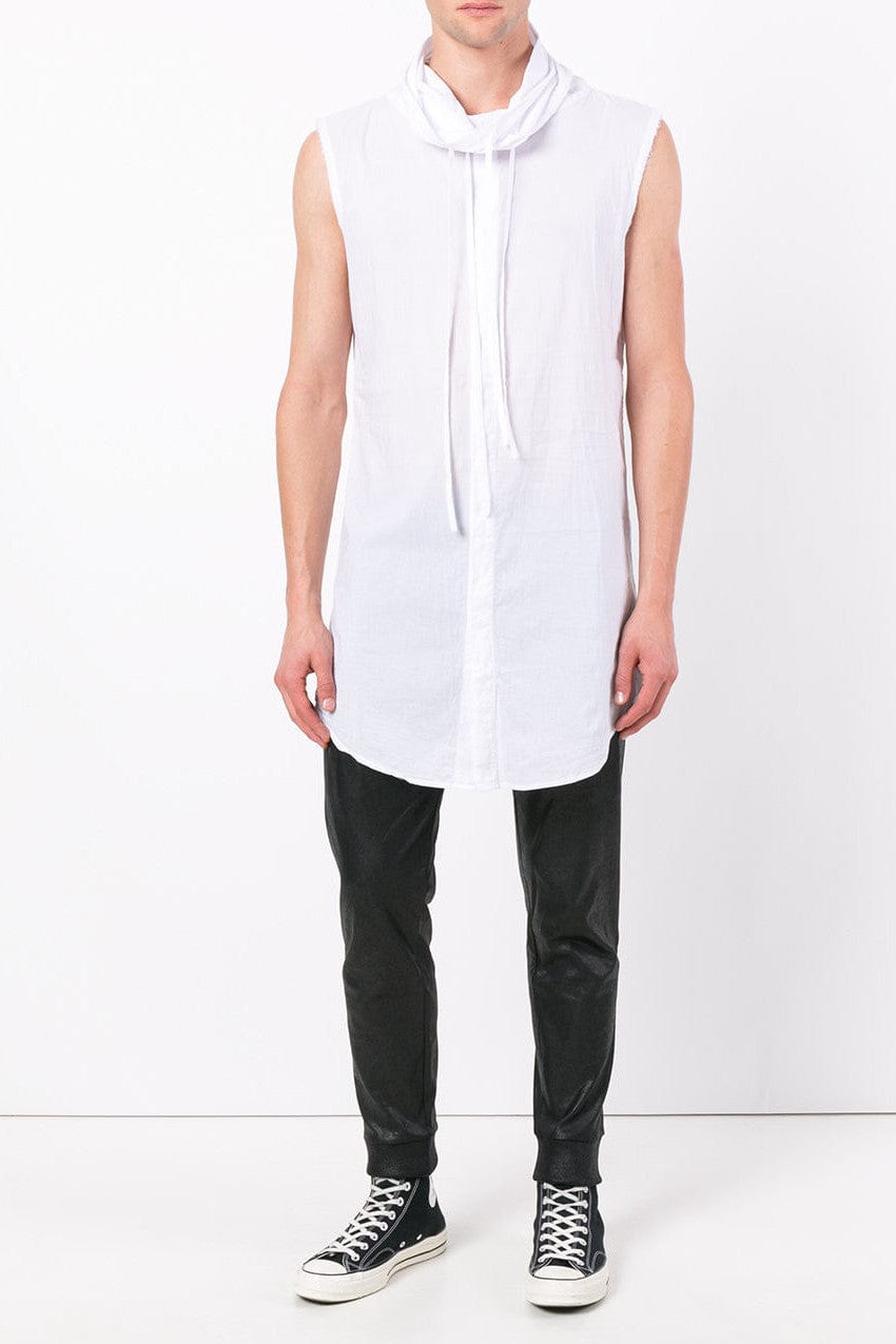 Optical White Longline Sleeveless Funnel Neck Cotton Shirt | UNCONDITIONAL